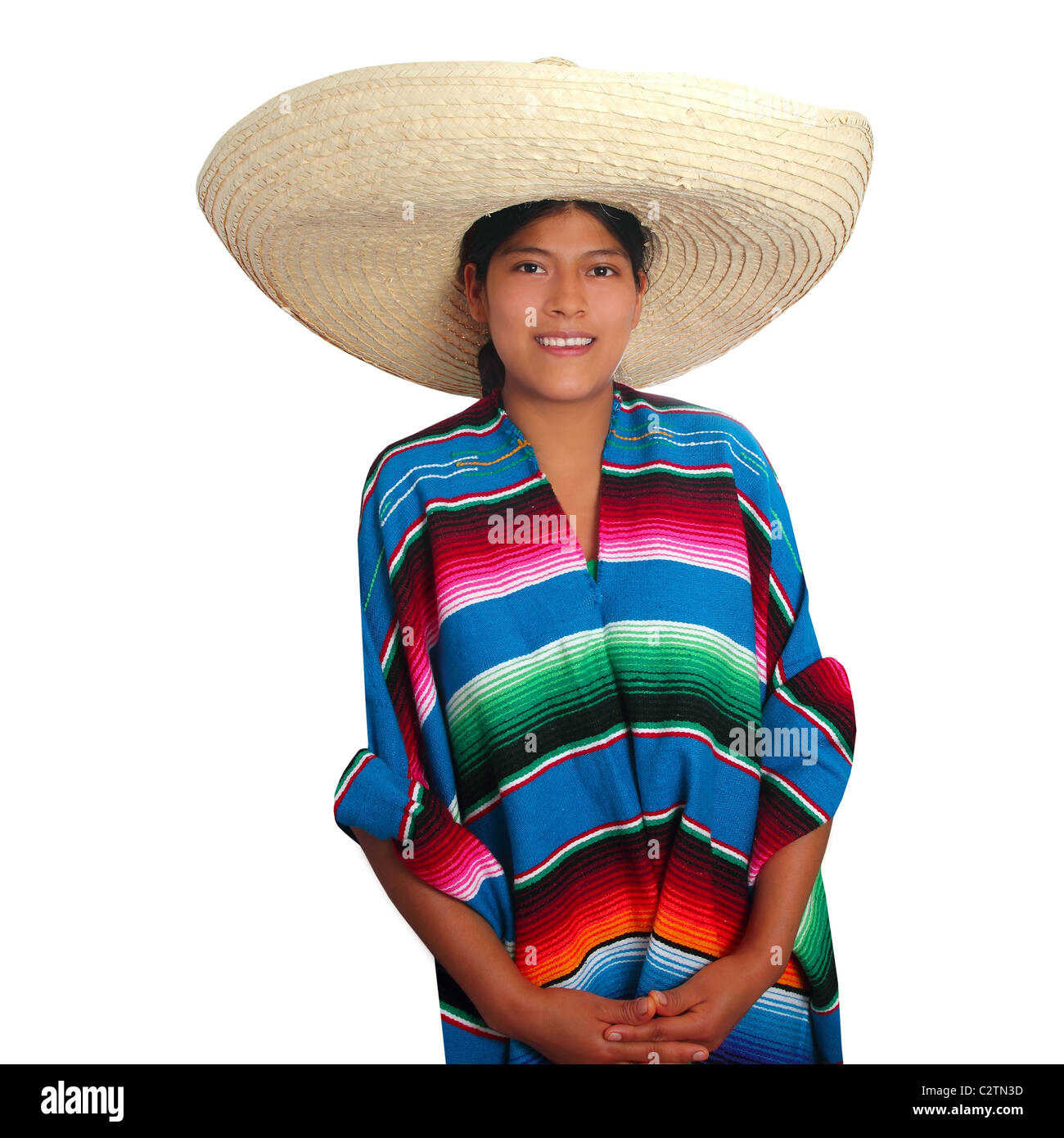 Latin mexican hispanic sombrero poncho woman isolated on white Stock ...