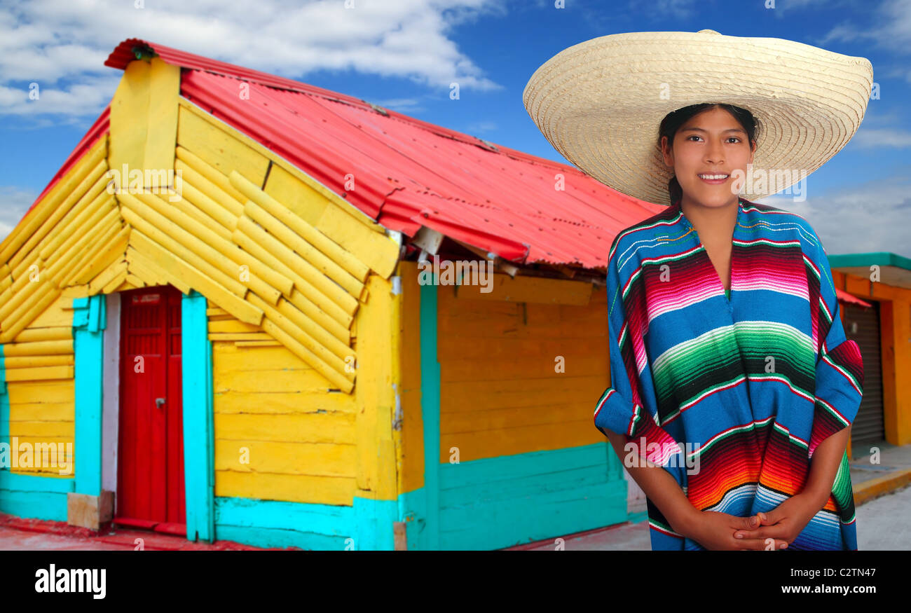 Latin mexican hispanic sombrero poncho woman colorful Mexico houses ...