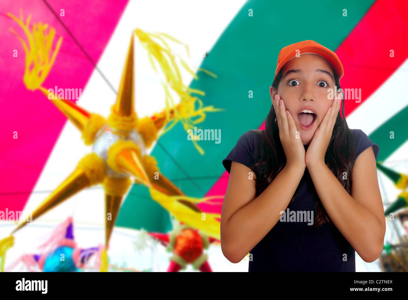 Beautiful Latin teen hispanic girl cap surprise gesture pinata party ...