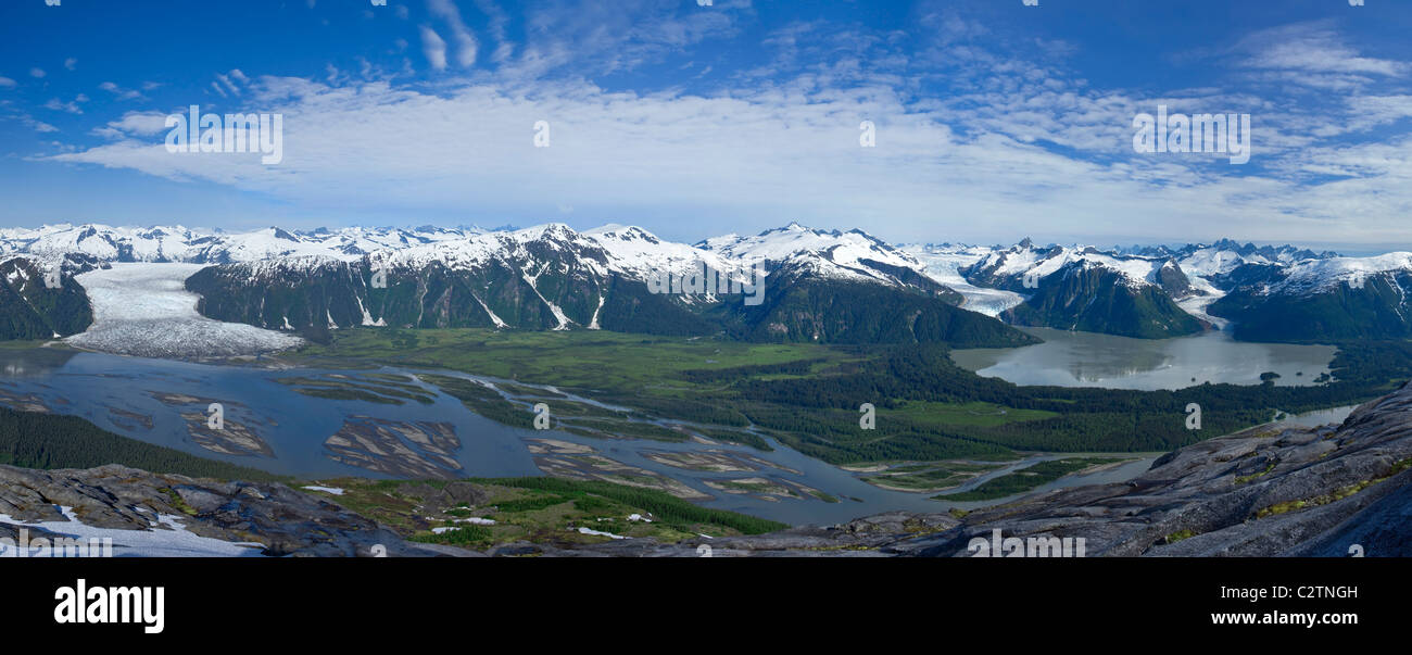 Aerial view of Taku River, Taku Glacier, Twin Glacier and Hole in the ...