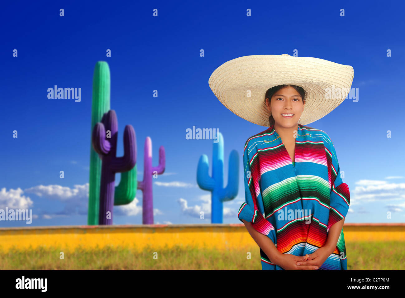 Mexican poncho serape girl big sombrero in cactus background Mexico ...