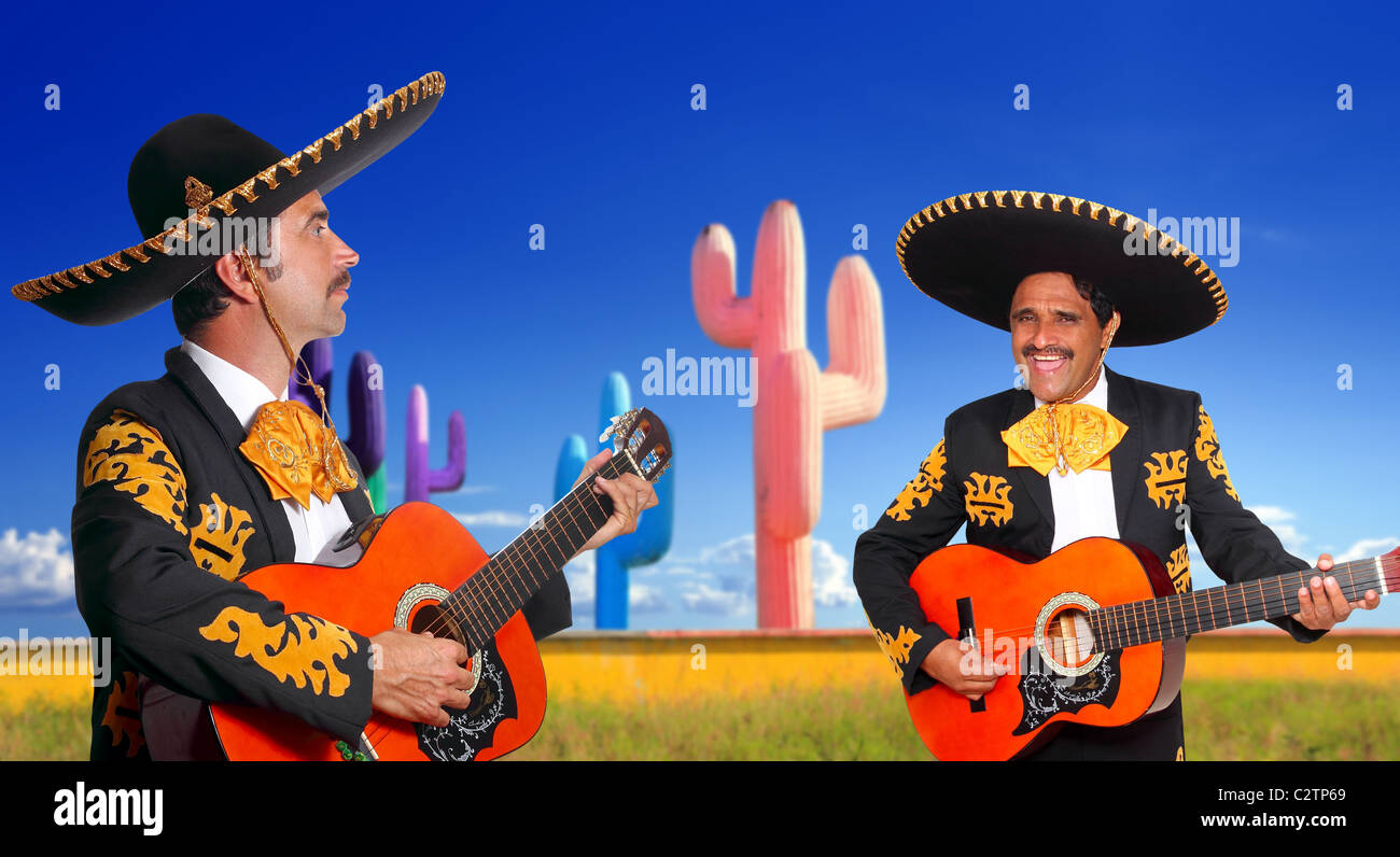 Mexican mariachis charro singing playing guitar in cactus background ...