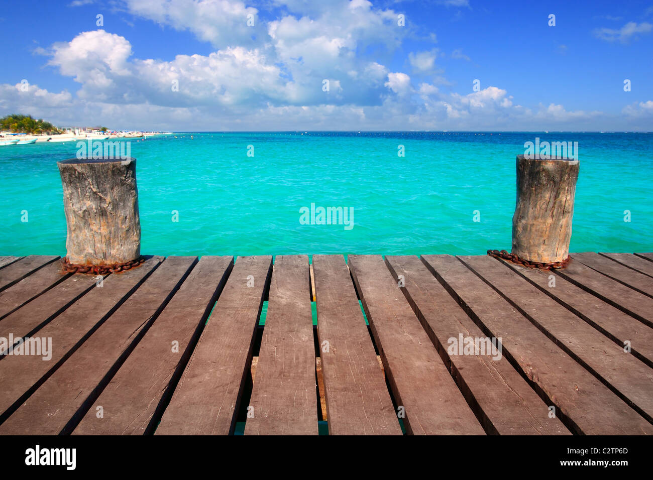 Caribbean wood pier with turquoise aqua sea blue sky Mayan Riviera ...