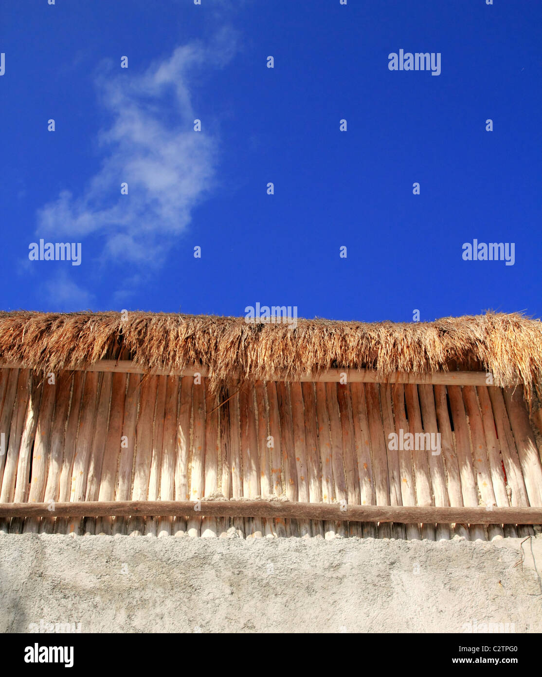 Palapa sunroof detail wooden sticks wall on blue sky Stock Photo - Alamy