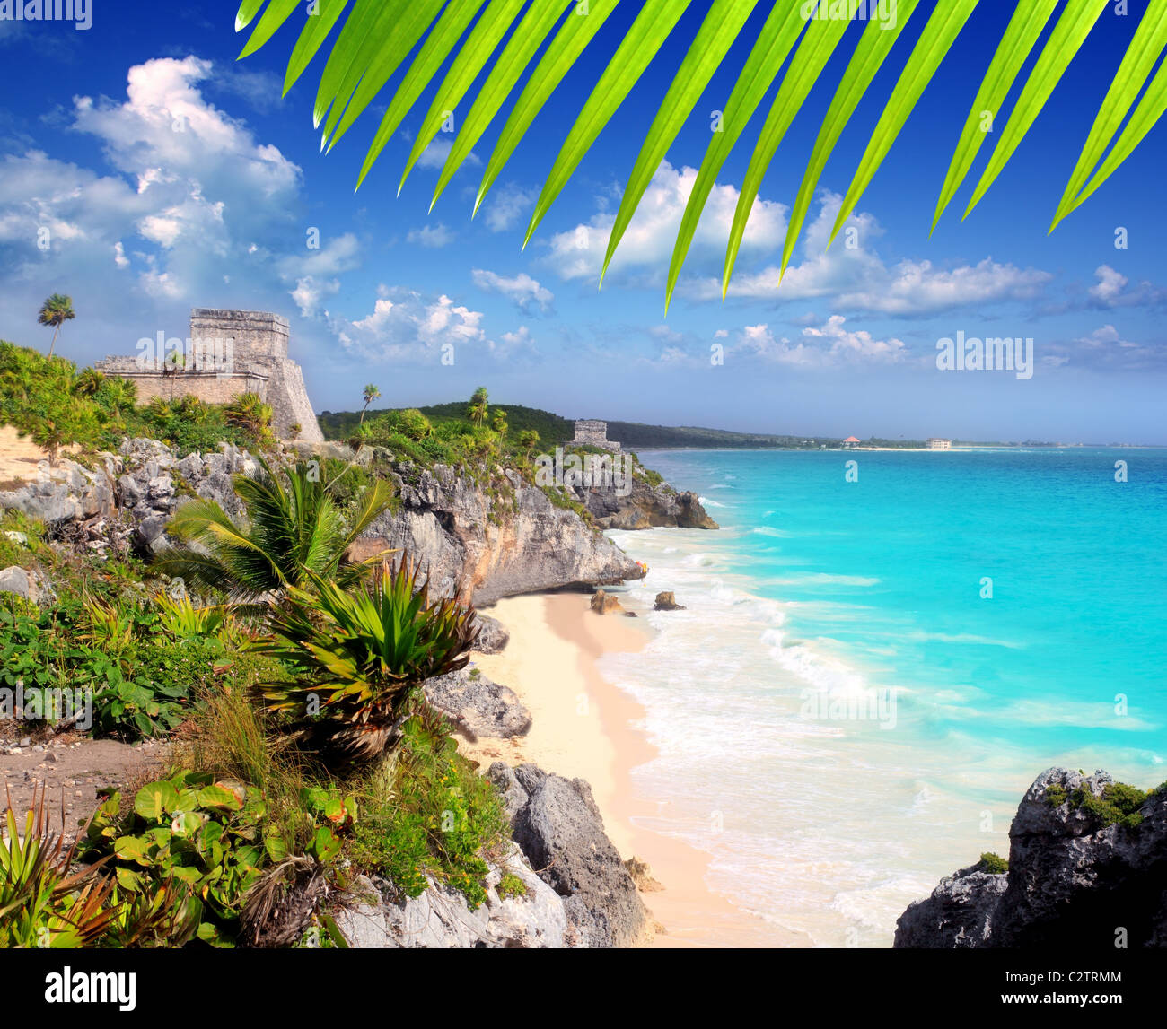 ancient Mayan ruins Tulum Caribbean turquoise sea direct high view ...