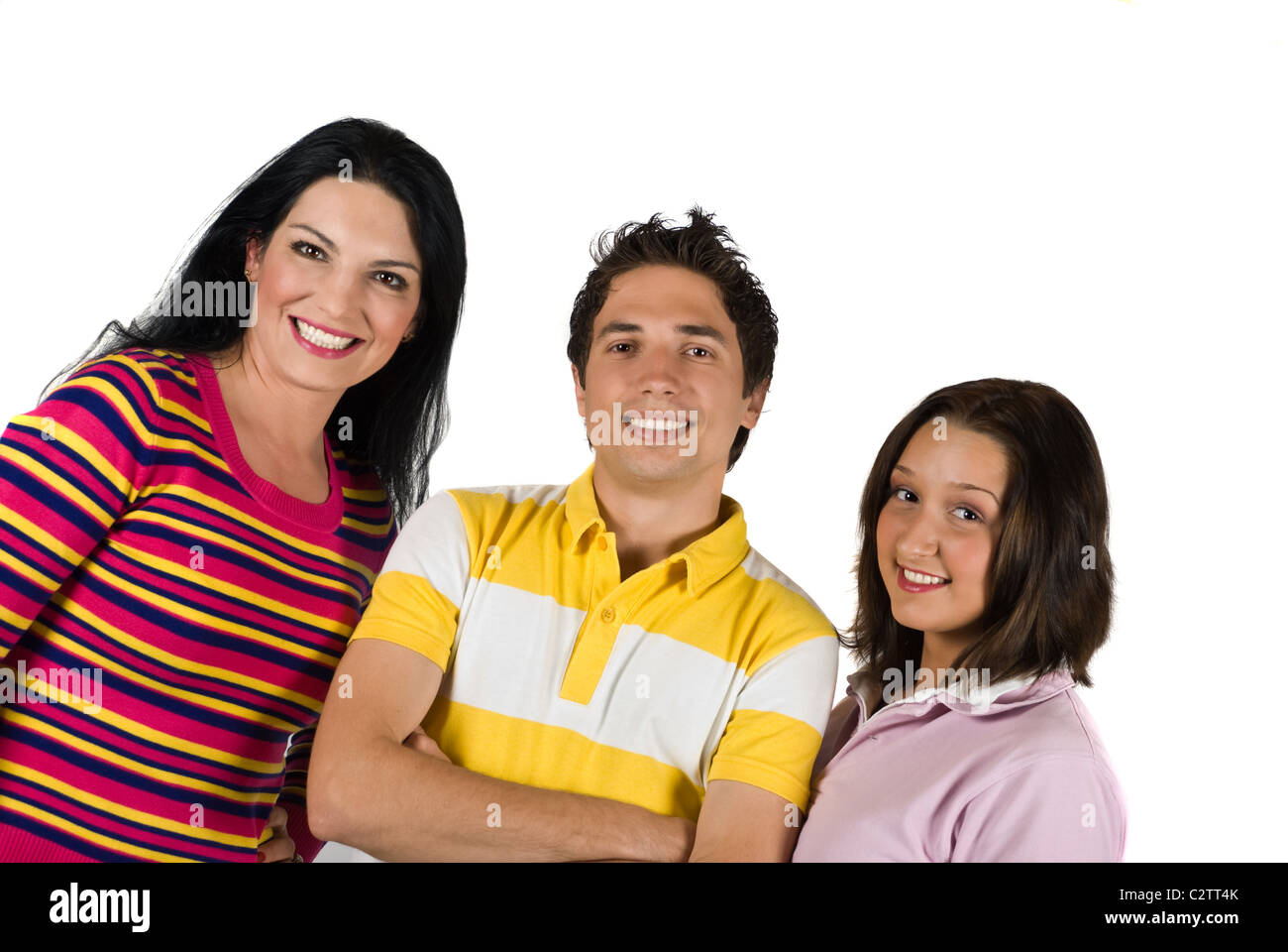 Happy friends smiling and posing ,low angle view isolated on white ...