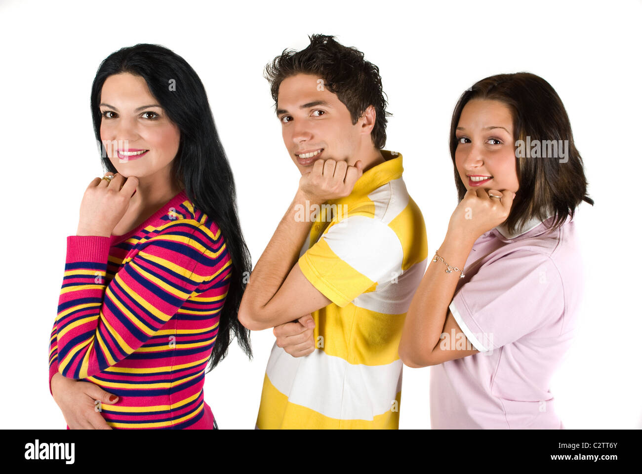 Happy three people standing in a line profile with hands at chin ...