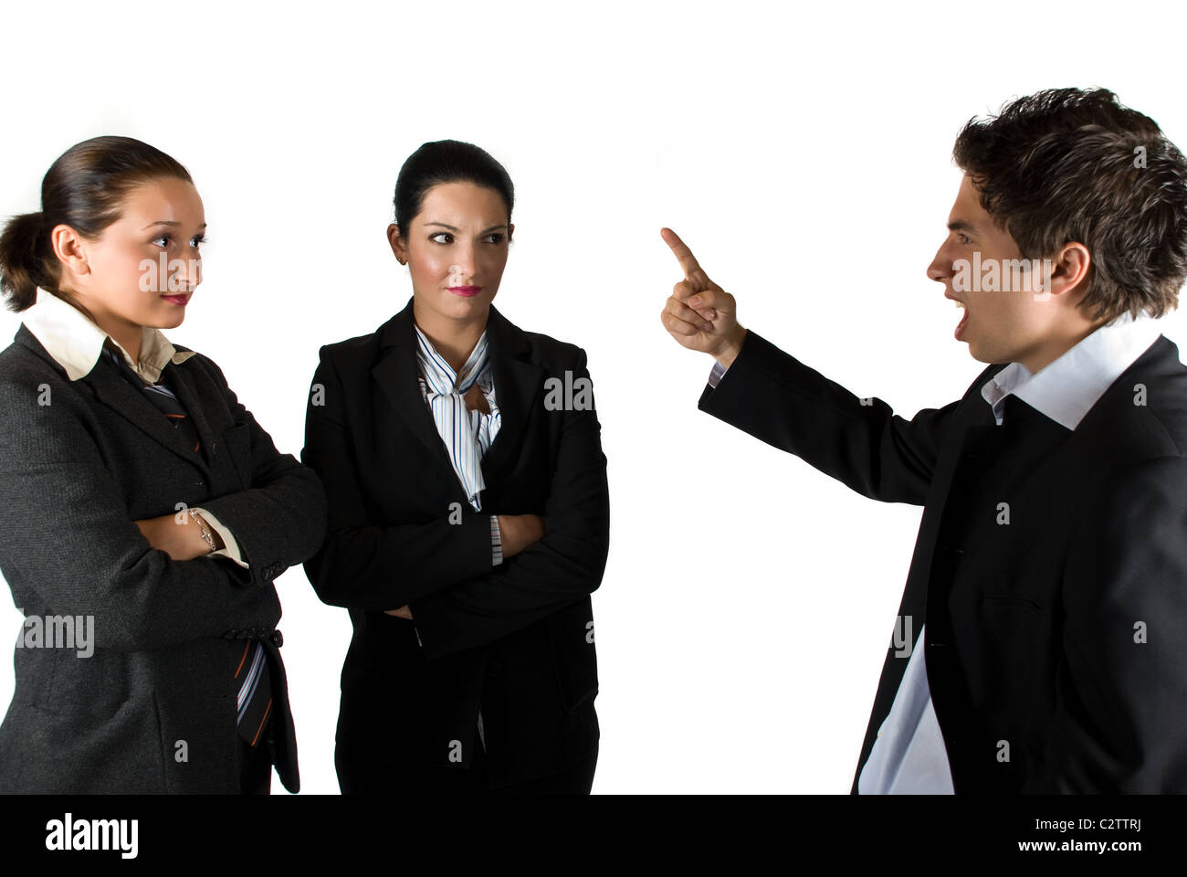 Angry boss businessman screaming and pointing to his colleagues ...