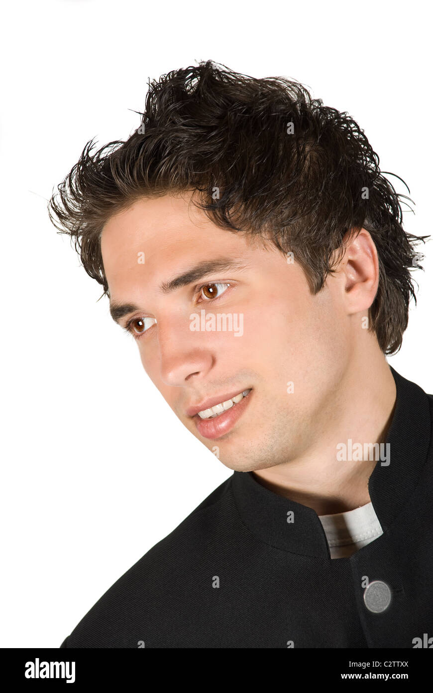 Close up of young cool man priest,head shot isolated on white ...