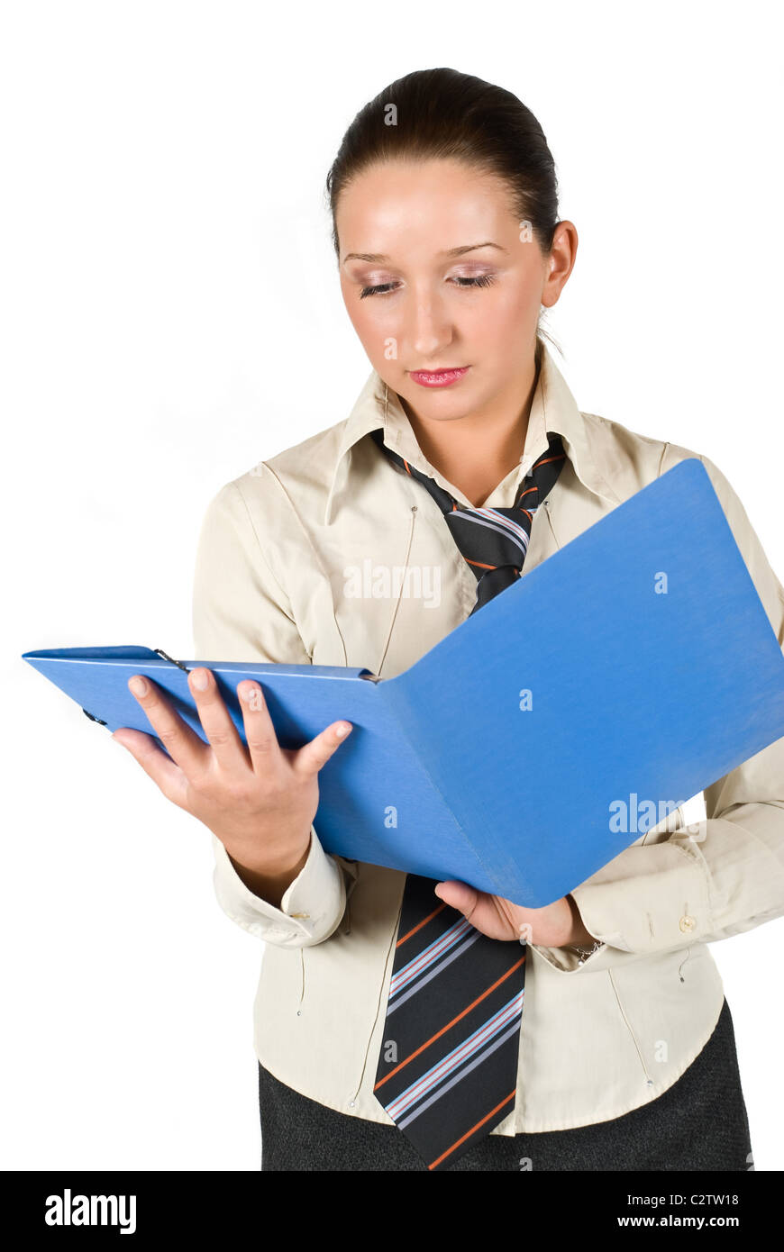 Attractive student girl with blue folder reading or can be a young ...