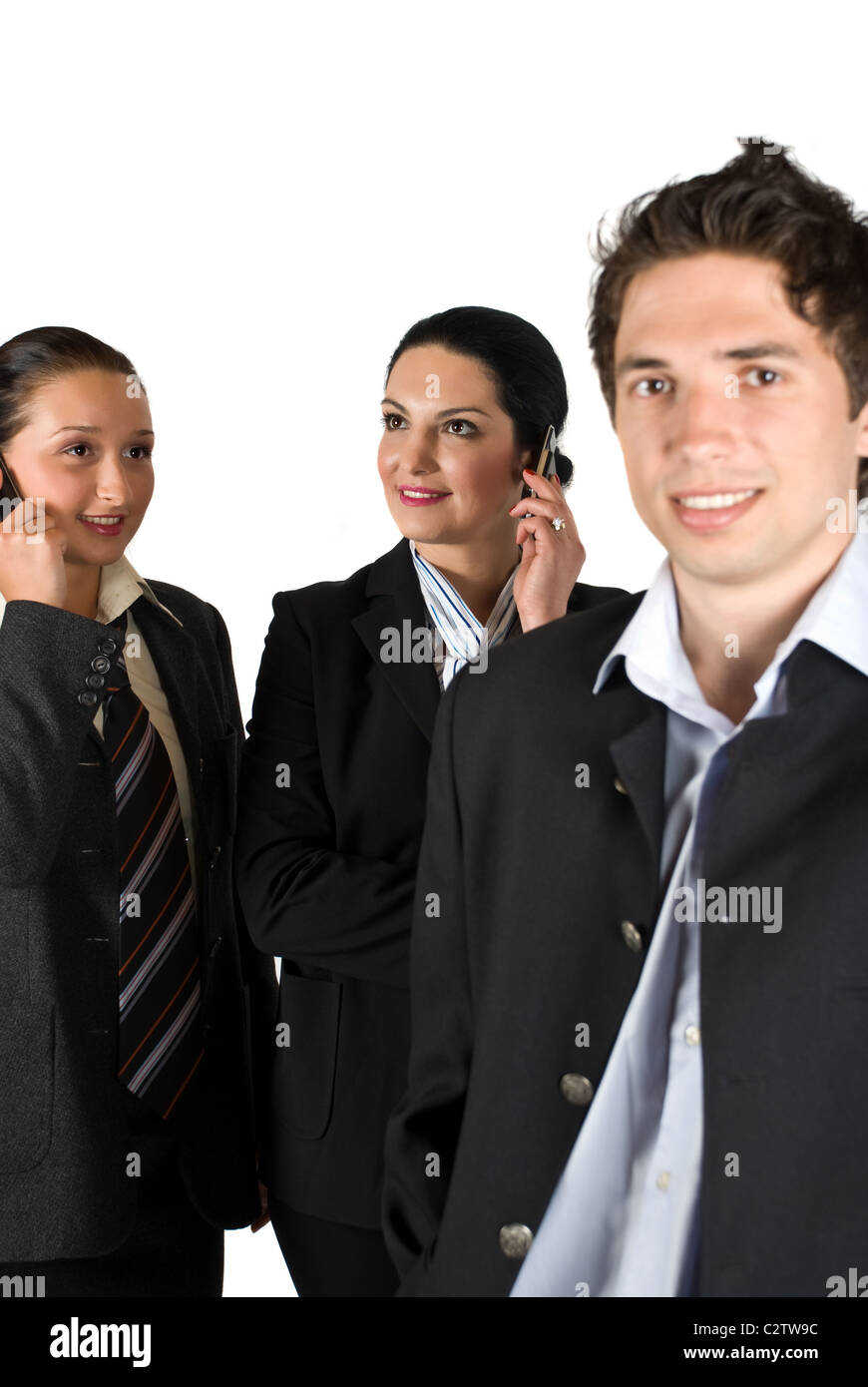 A group of three business people with two happy businesswoman talking ...
