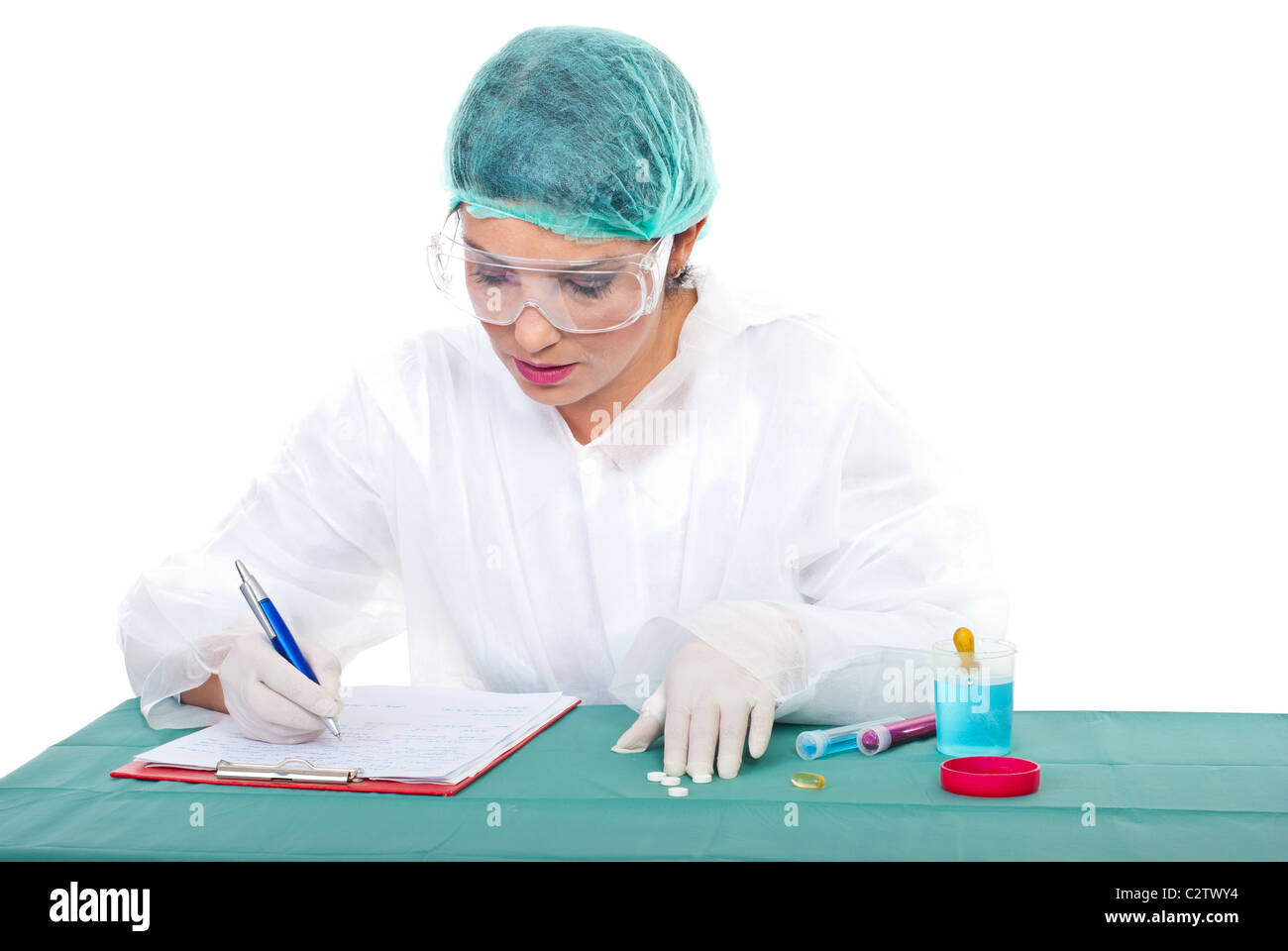 laboratory woman making experiments and taking notes on clipboard Stock ...