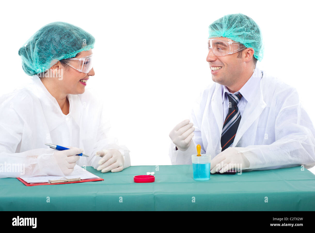 Two laboratory people having conversation and smiling together Stock ...