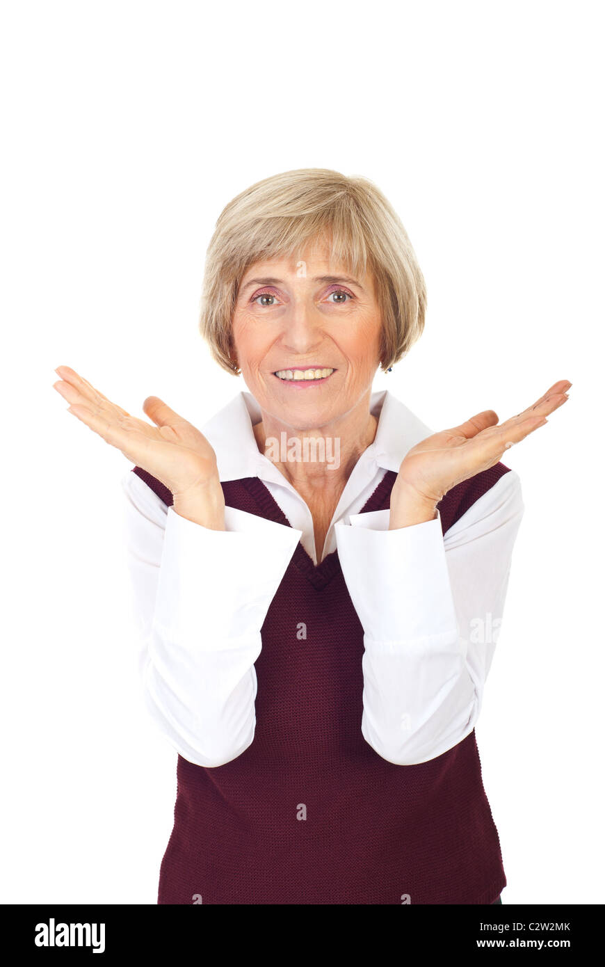 Beautiful senior woman face standing with open palms and smiling ...