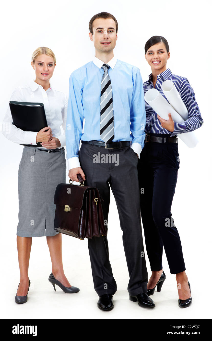 Portrait of friendly business partners standing in isolation Stock ...