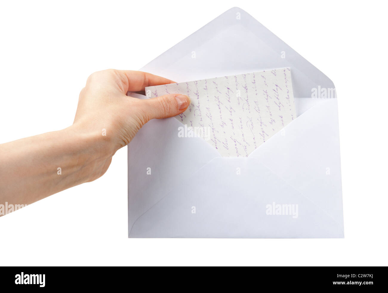 female hand holding an envelope isolated on a white background Stock ...