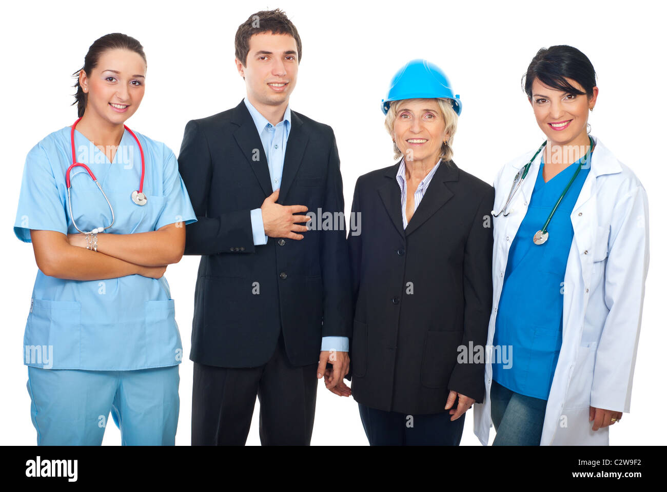 Four workers with different careers standing in a row and smiling ...