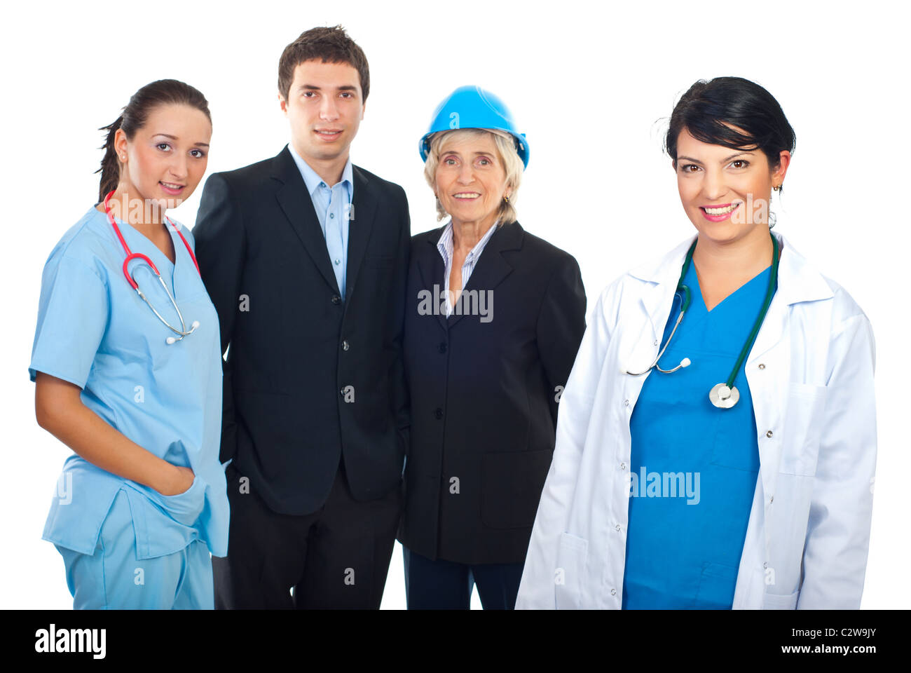 Smiling physician woman standing in front of people group with ...