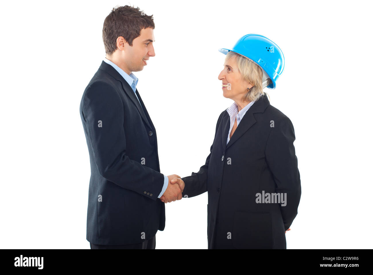 Handshake architect woman and business man isolated on white background ...