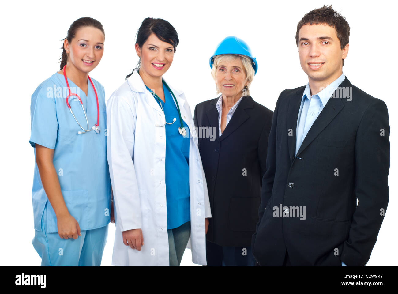 Smiling business man standing in front of camera and other people with ...