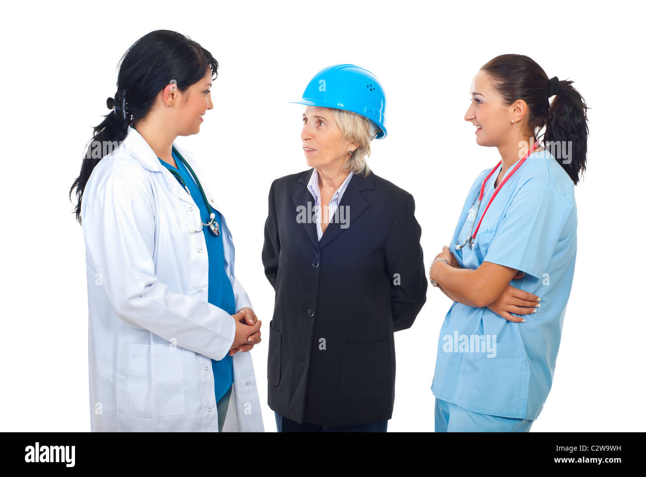 Two doctors women having conversation with architect woman isolated on ...