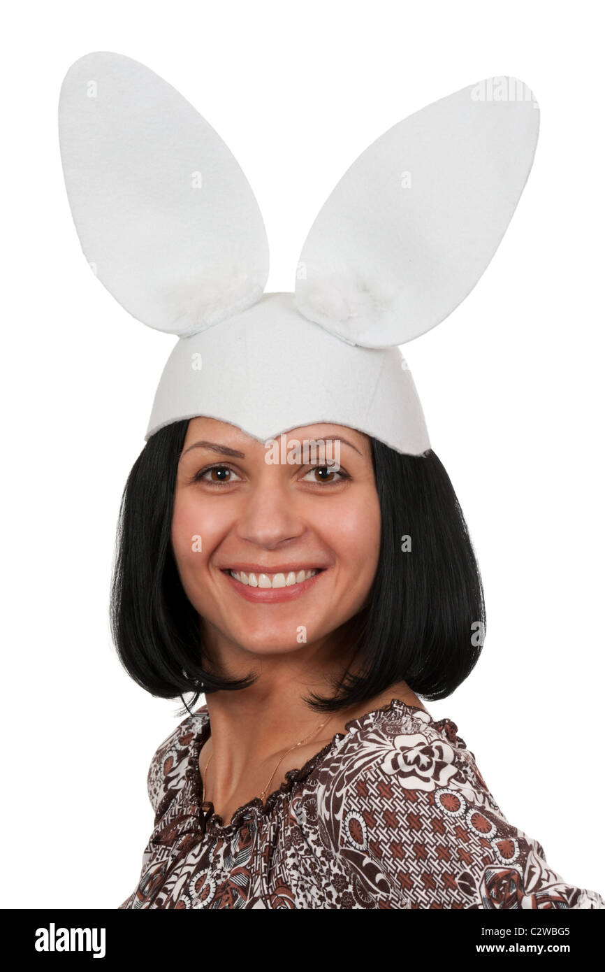 Woman with rabbit ears isolated on white background Stock Photo - Alamy