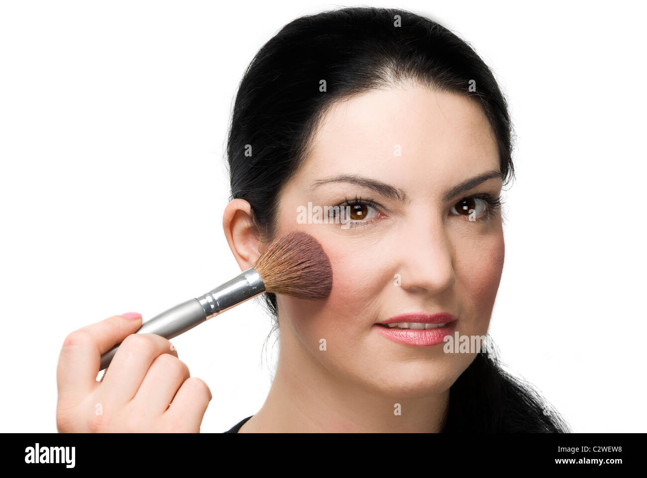 Portrait of beautiful woman face blushing isolated on white background ...