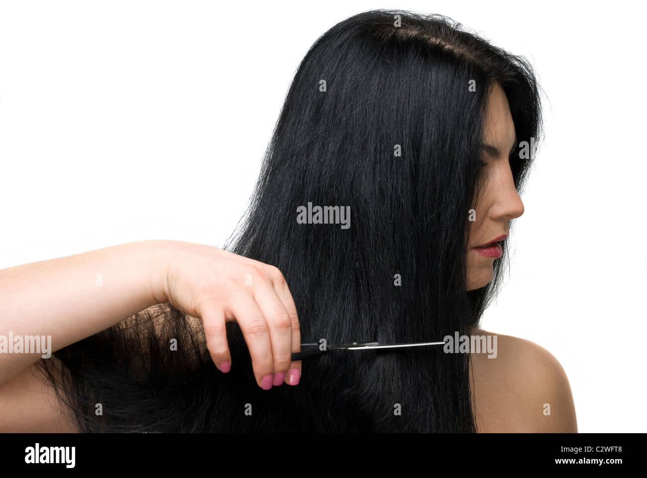 Portrait of girl cutting hair, close up hi-res stock photography and ...
