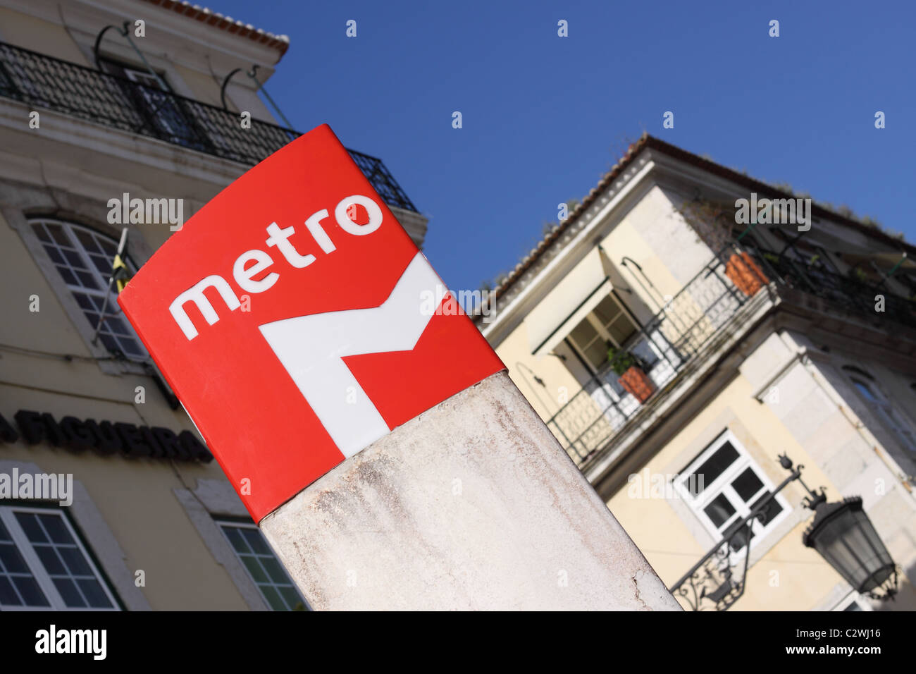 Lisbon Portugal Metro underground tube network entrance sign at Rossio ...
