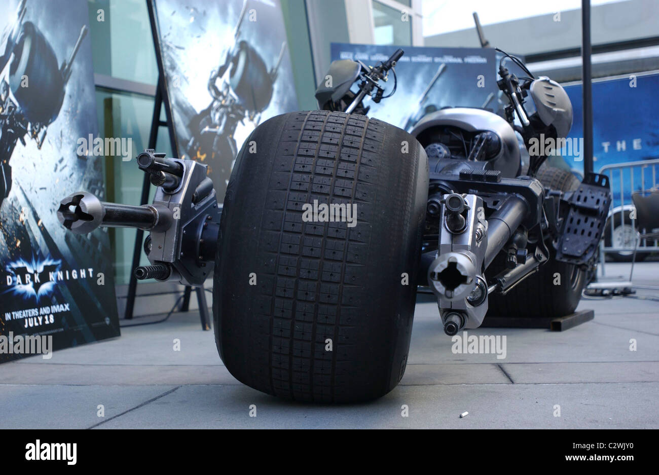 The Bat Pod and other Batman costumes on display outside the Arclight ...
