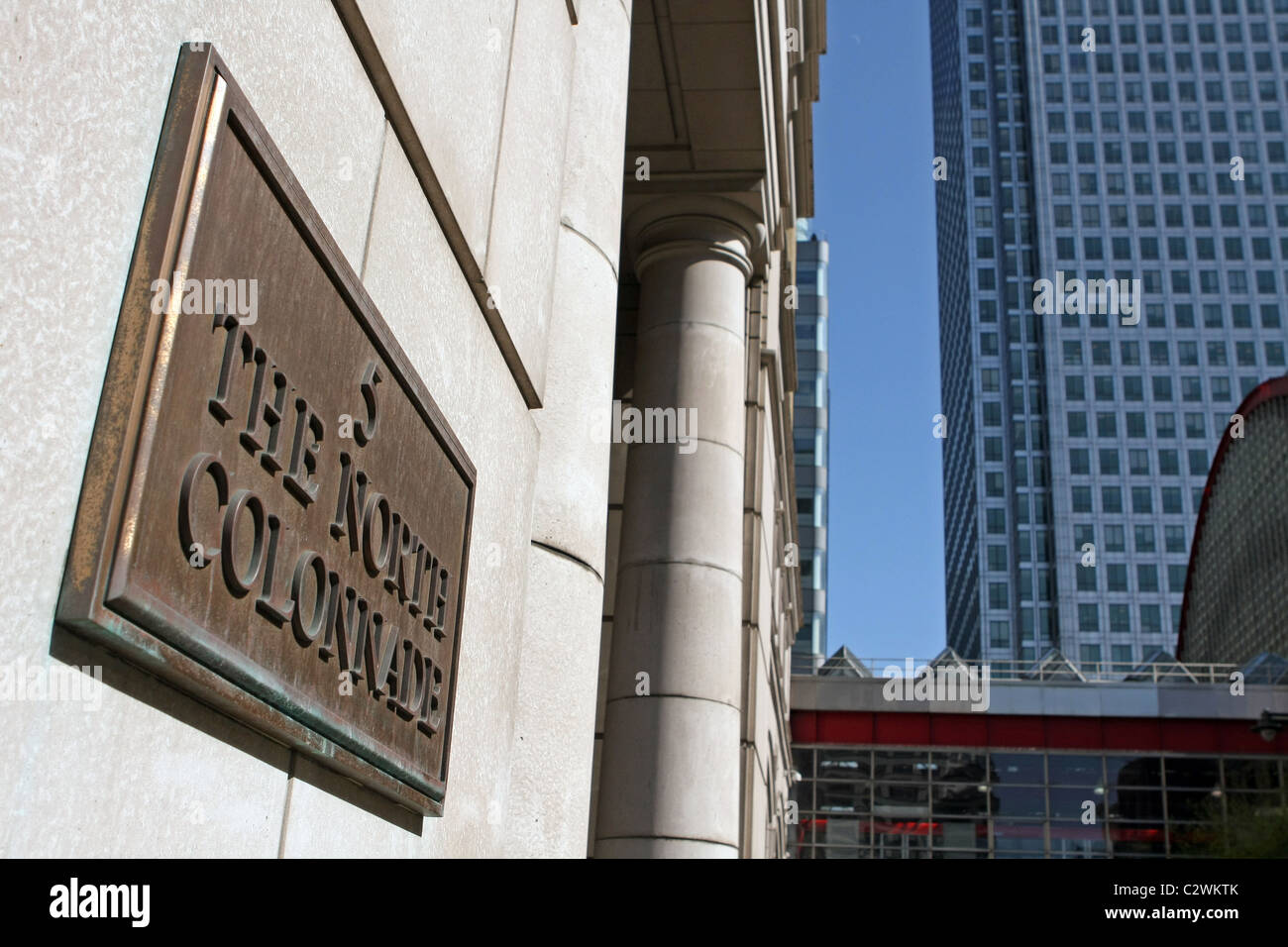 Part of the Canary Wharf building with The North Colonnade sign in the ...