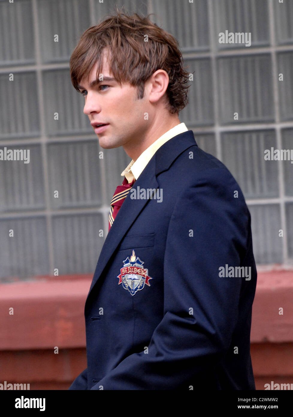 Chase Crawford on the set of his show 'Gossip Girl' filming in Long ...