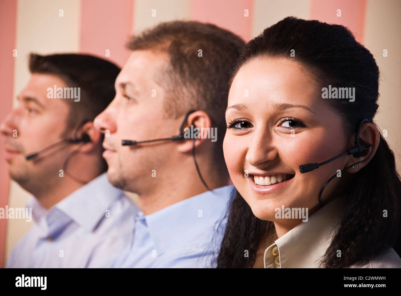 Three people sales representative working in office,focus on woman ...