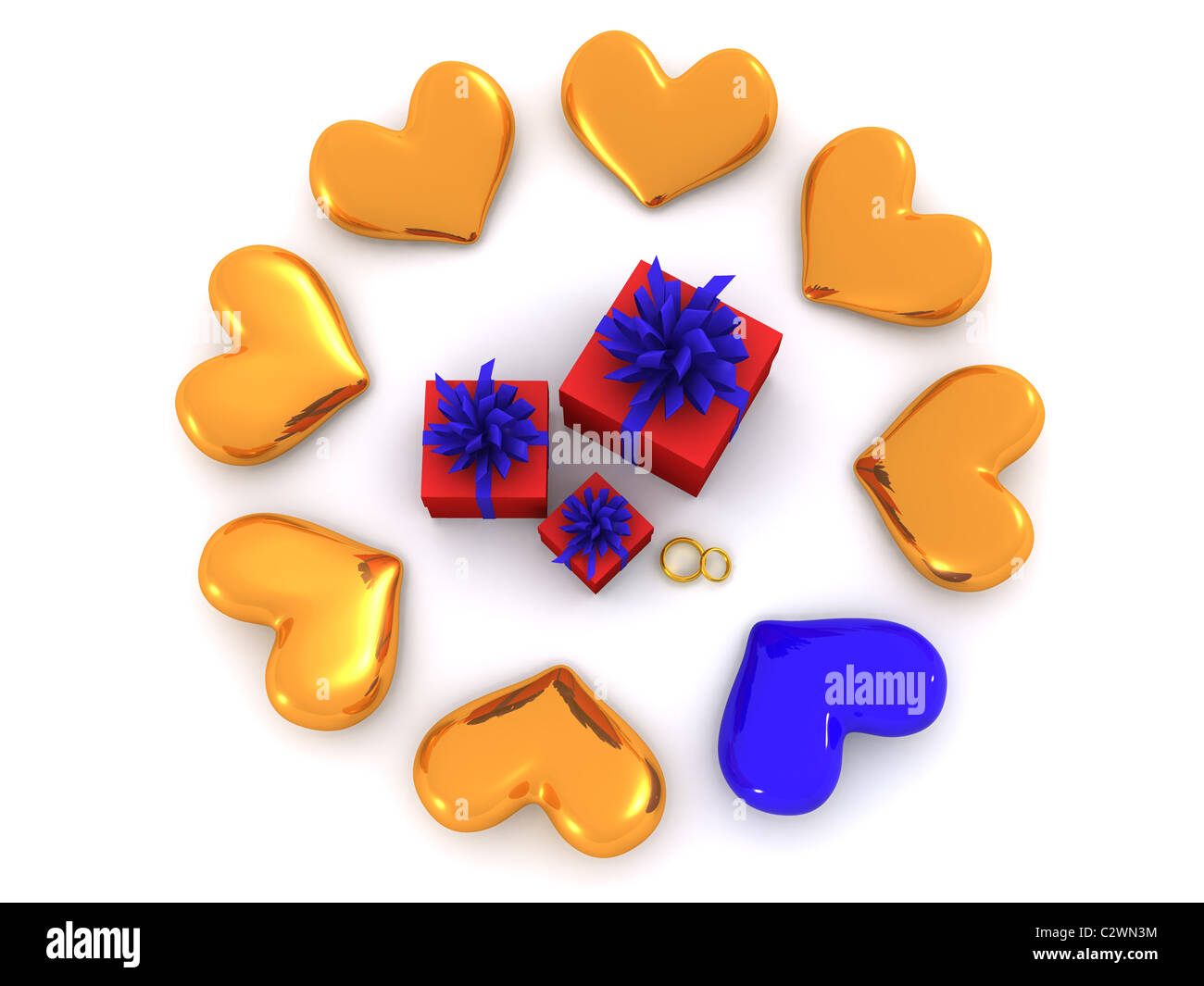golden hearts around gifts. 3d Stock Photo - Alamy