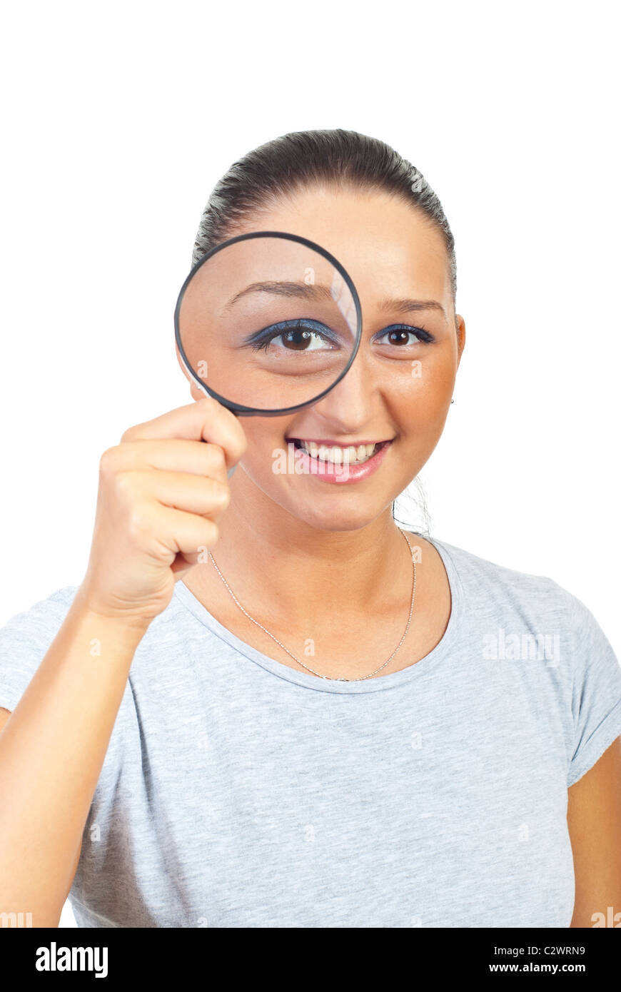 Woman magnifier lens on eye hi-res stock photography and images - Alamy