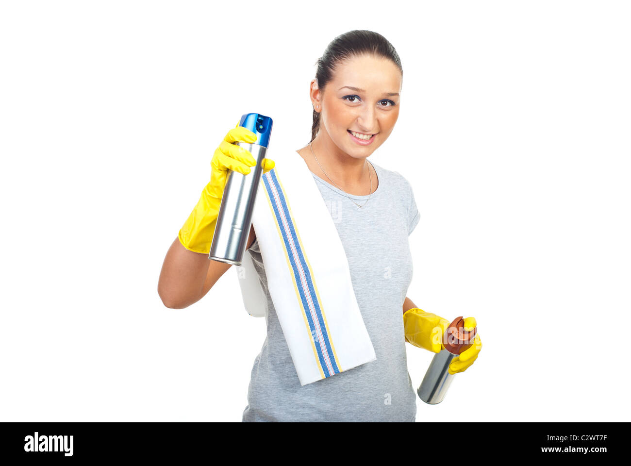 Cleaning woman holding two containers with dust removal spray Stock ...
