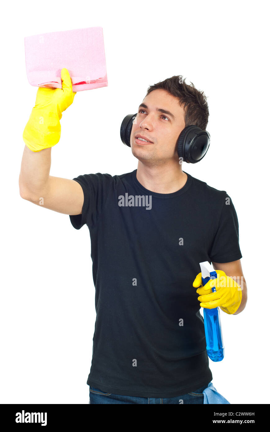Man in headphones cleaning house hi-res stock photography and images ...