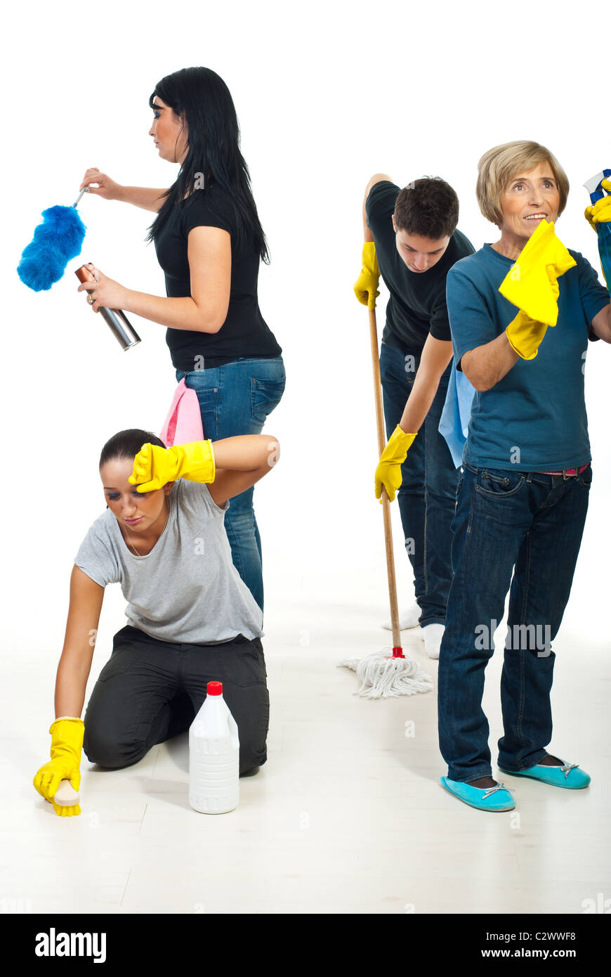 Four people teamwork working hard to cleaning house and all of them do ...