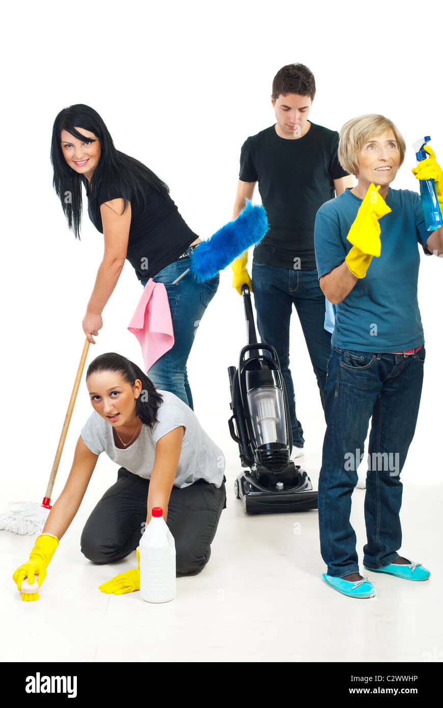 Four people teamwork working in a house and using cleaning products ...