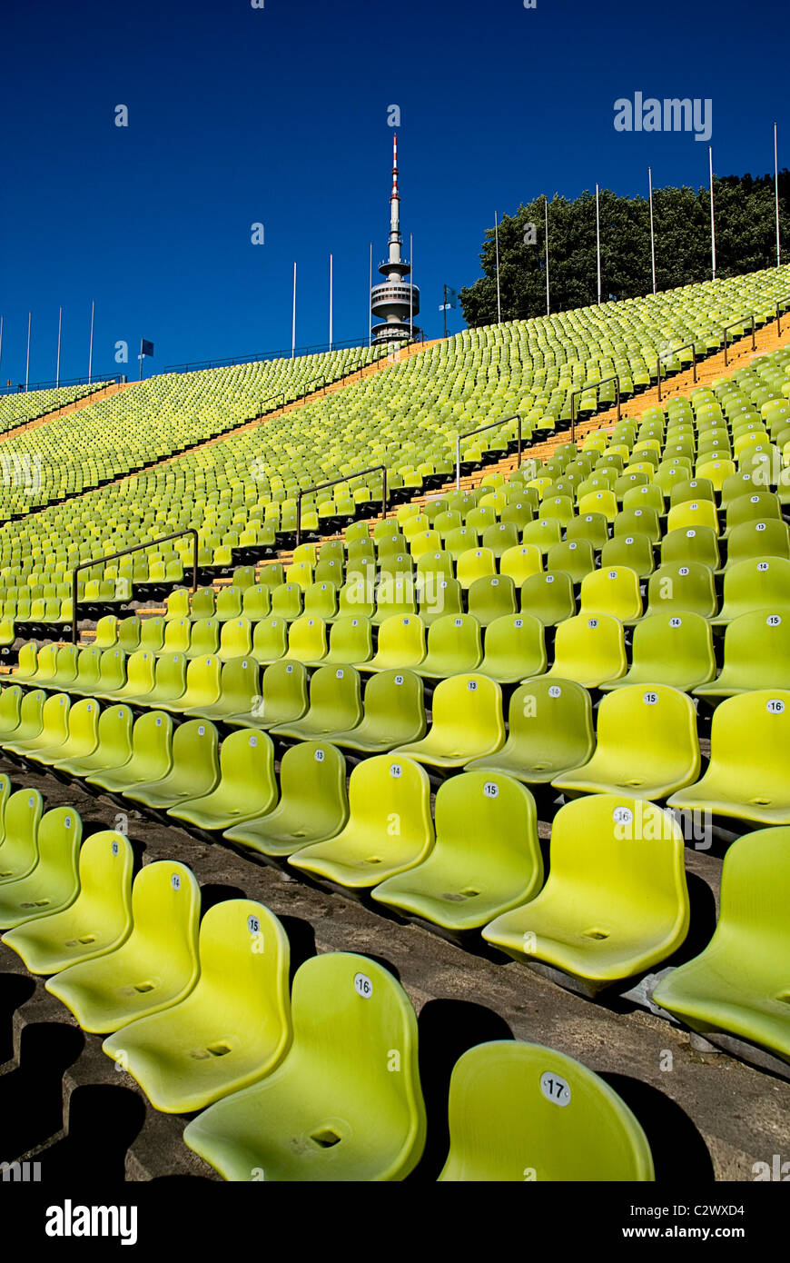 Germany Bavaria Munich Olympic Stadium curved section of bright green ...