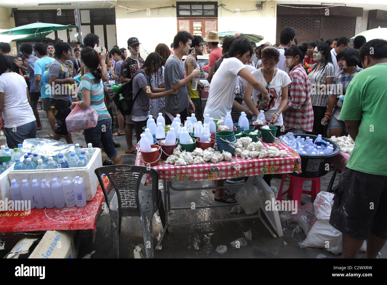 Water and powder selling on street during Songkran water festival in ...