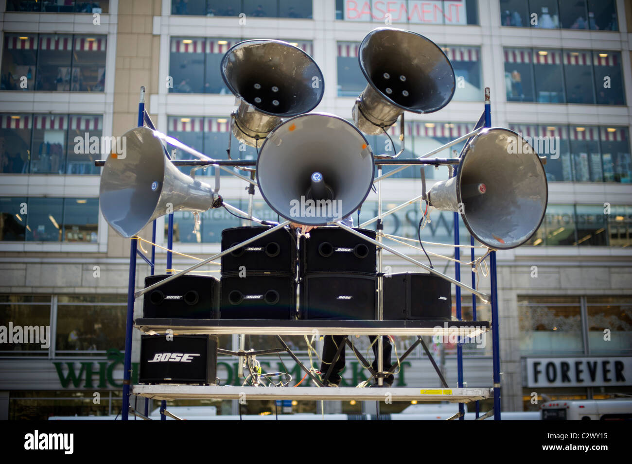 Loudspeakers on a stage at a rally in Union Square in New York Stock ...