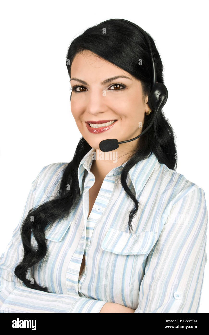 Cute support operator woman smiling isolated on white background Stock ...