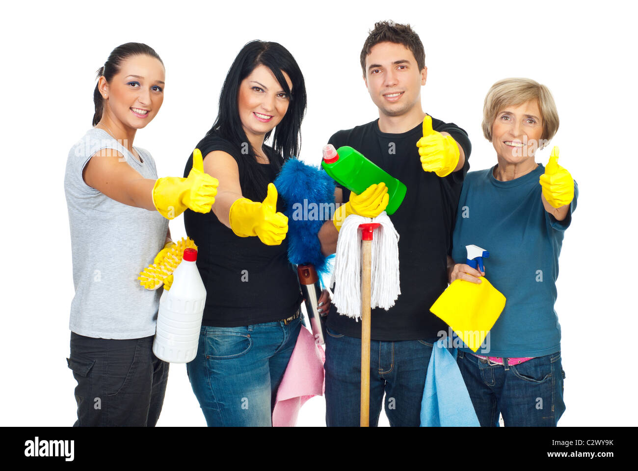 Successful cleaning people teamwork giving thumbs up and holding ...