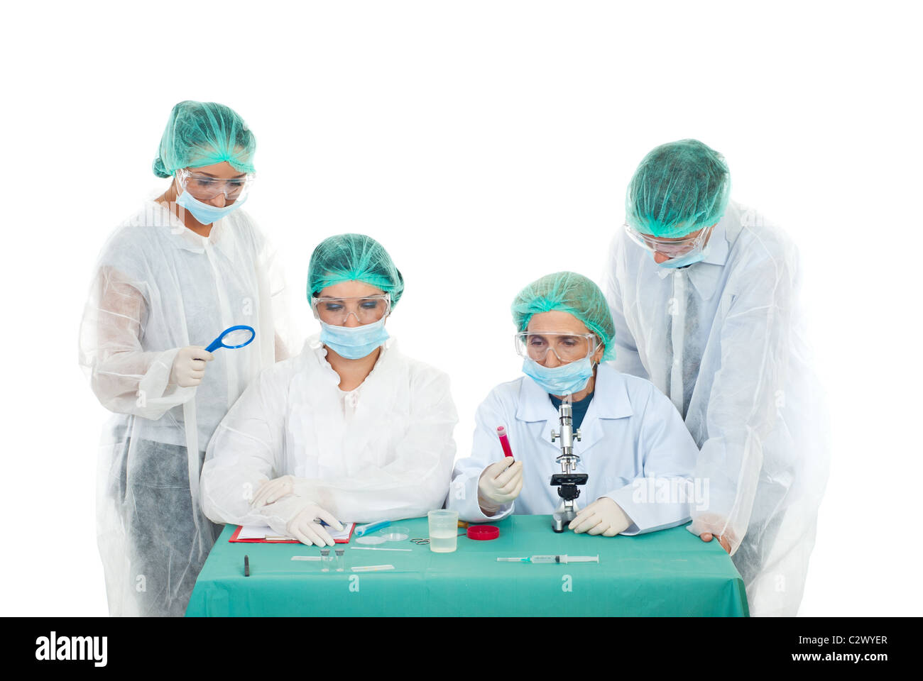 Four scientists people working in laboratory isolated on white ...