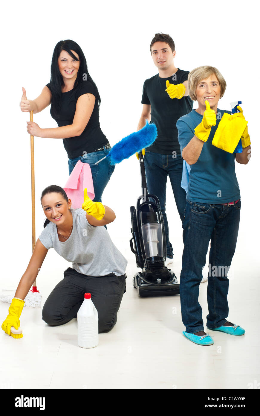 Successful teamwork of cleaning services workers giving thumbs up Stock ...