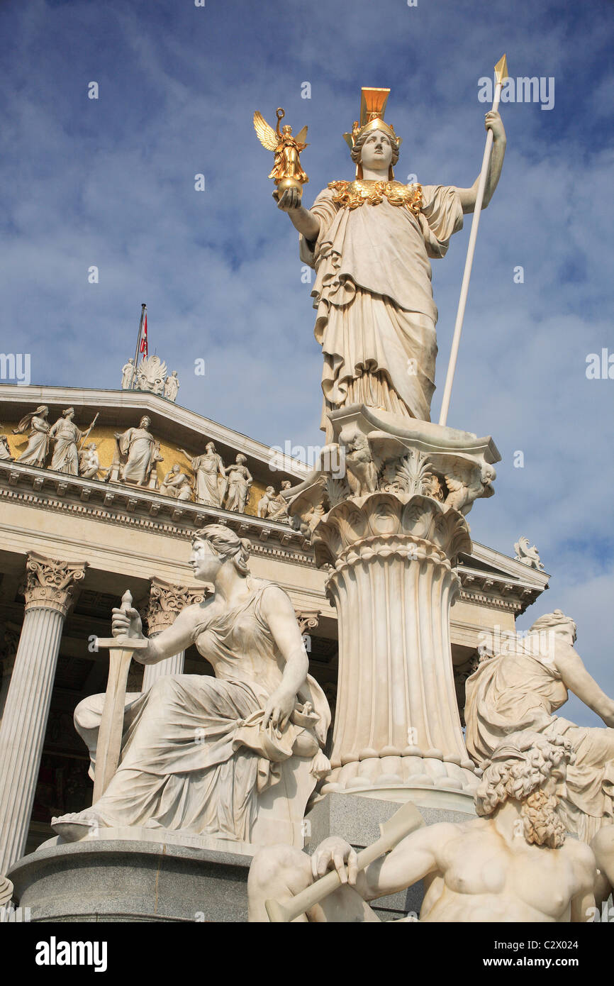 Austria, Vienna, Statue of Athena in front of the Parliament building ...
