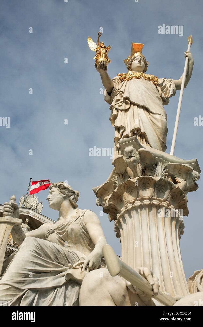Austria, Vienna, Statue of Athena in front of the Parliament building ...