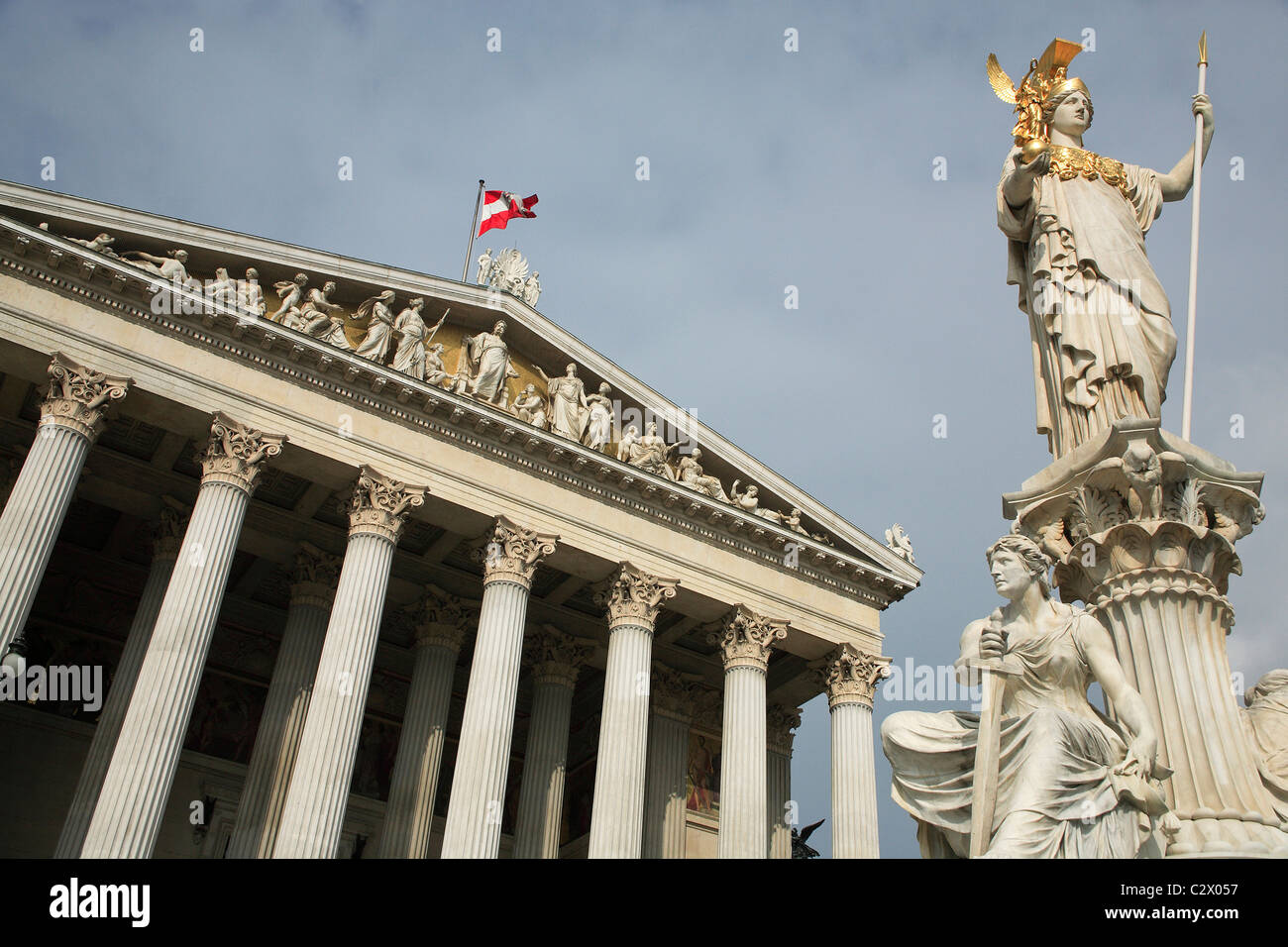 Austria, Vienna, Statue of Athena in front of the Parliament building ...