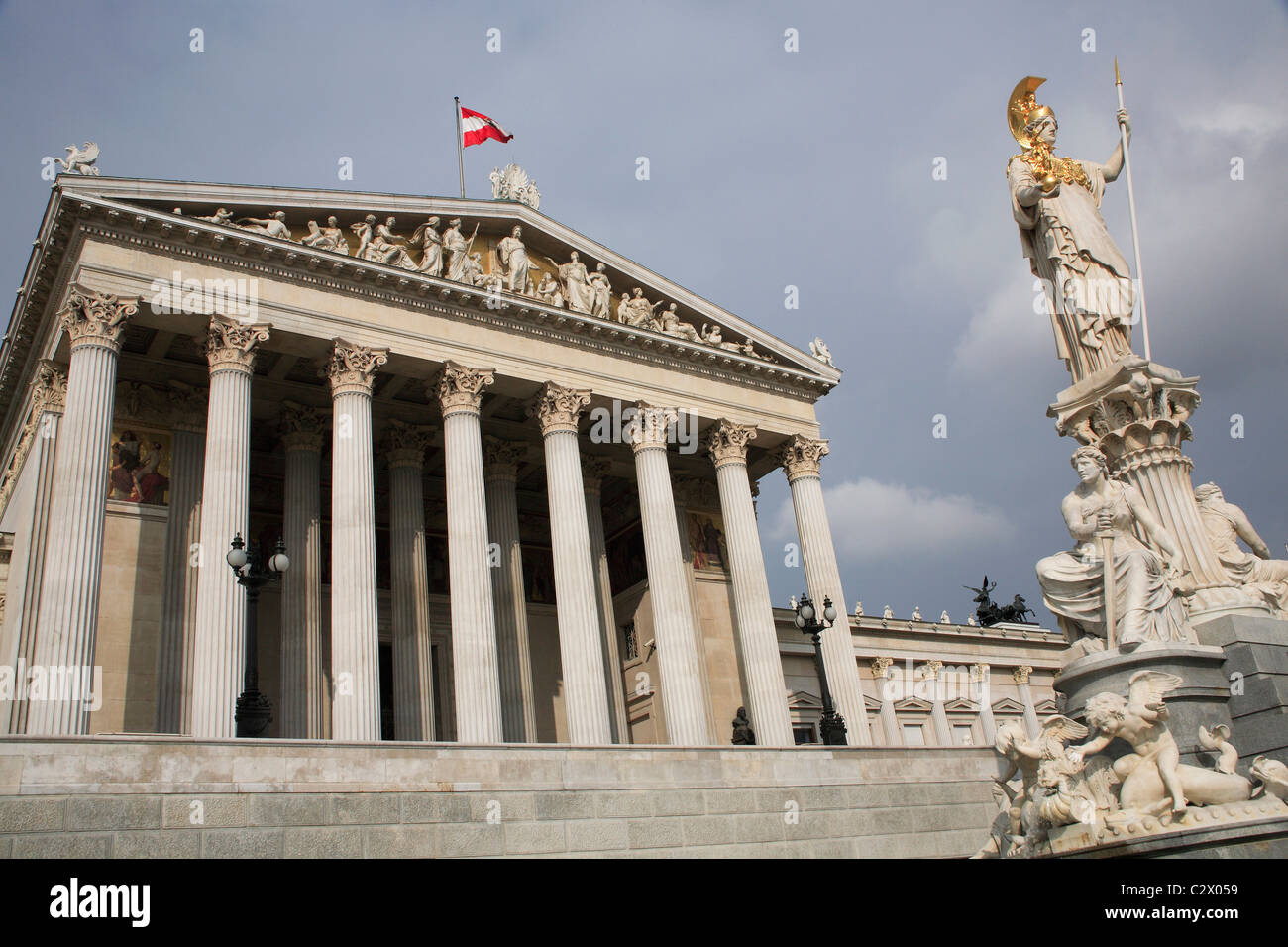 Austria, Vienna, Statue of Athena in front of the Parliament building ...